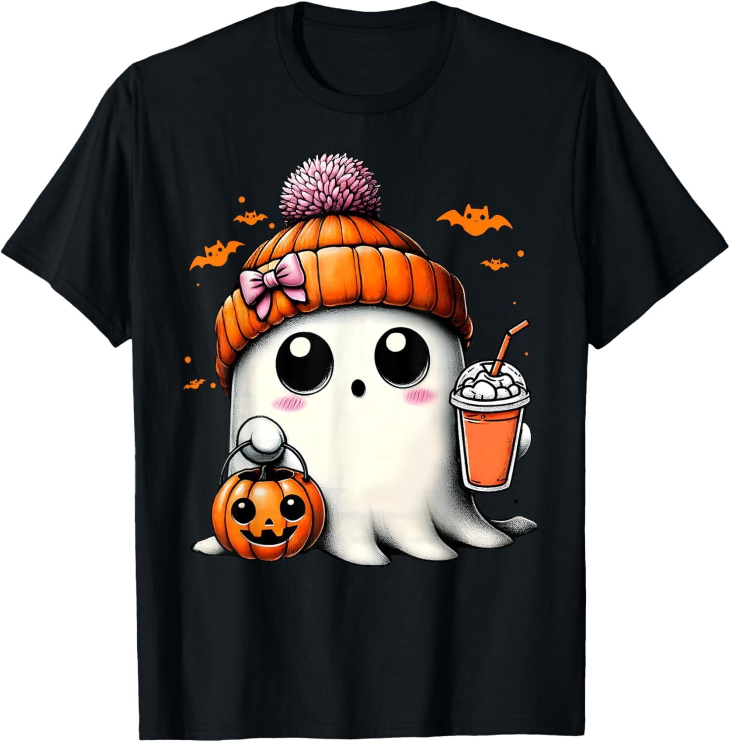 Cute Ghost Drinking Coffee Halloween Ghost Ice Coffee T-Shirt S-5XL ...