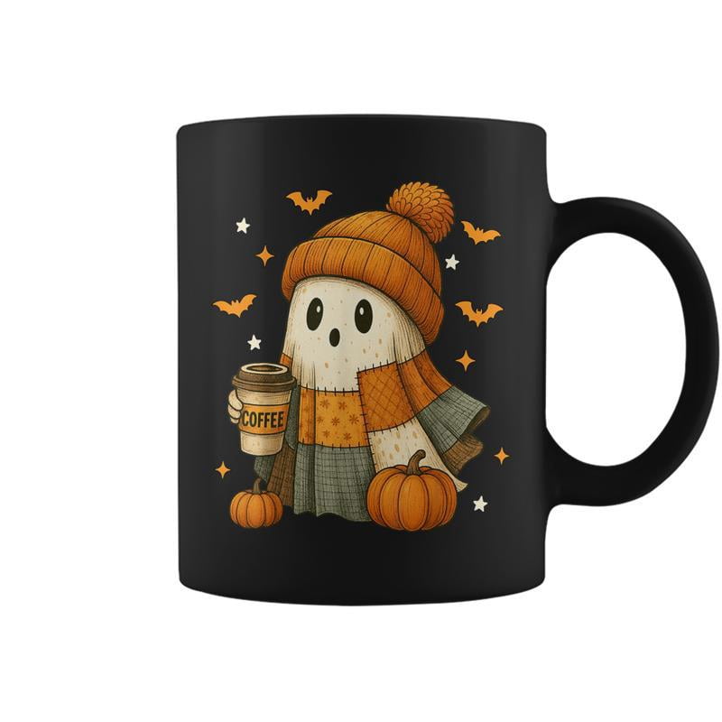 Cute Ghost Drinking Coffee Halloween Patchwork Ghost Women Coffee Mugs ...