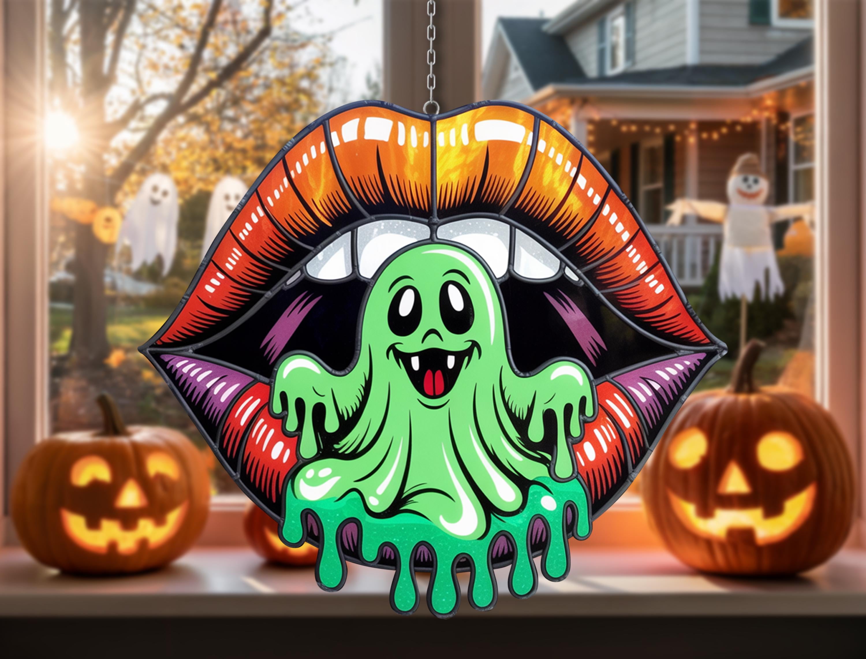 Cute Ghost Dripping Lips Suncatcher â€“ Spooky Halloween Wavy Acrylic ...