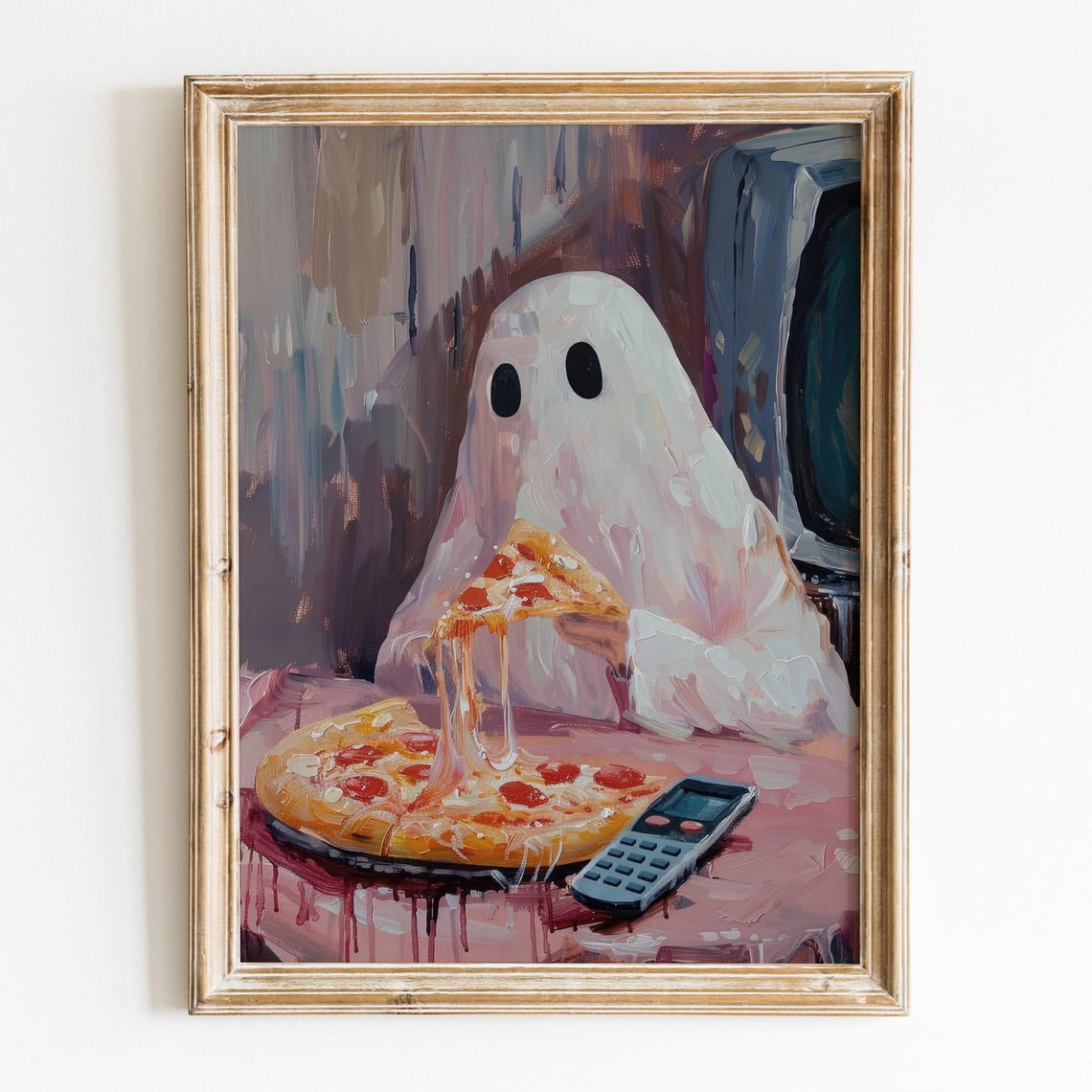 Cute Ghost Eating Pizza Wall Art, Preppy Room Decor, Spooky Kitchen ...