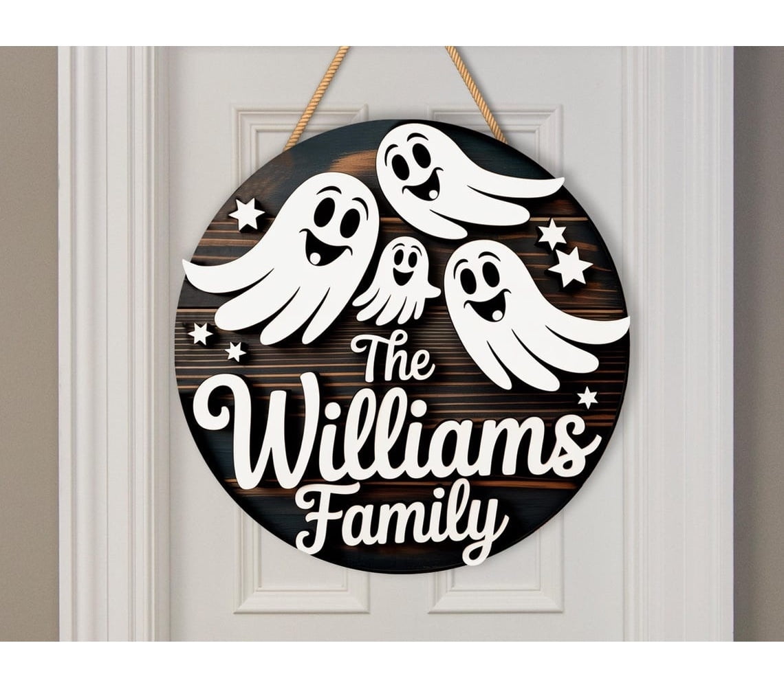 Cute Ghost Family Halloween Sign Personalized Wooden Door Hanger Custom ...