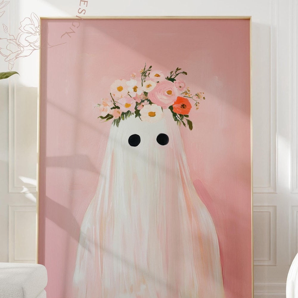 Cute Ghost With A Flower Crown Printable Wall Art, Pink Ghost Art Print ...