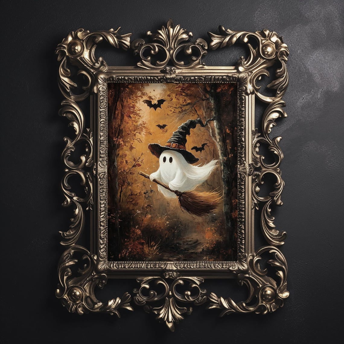 Cute Ghost Flying On Broom In Autumn Forest Posters Spooky Print Poster ...