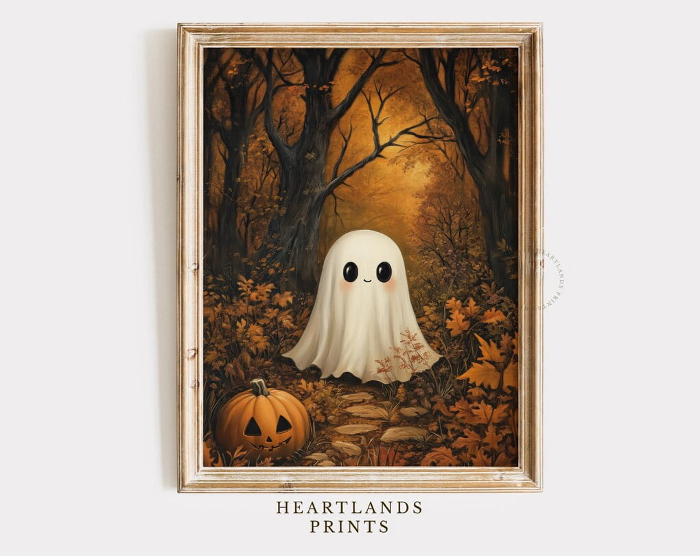 Cute Ghost In A Forest Print, Halloween Printable Wall Art Gothic Fall ...