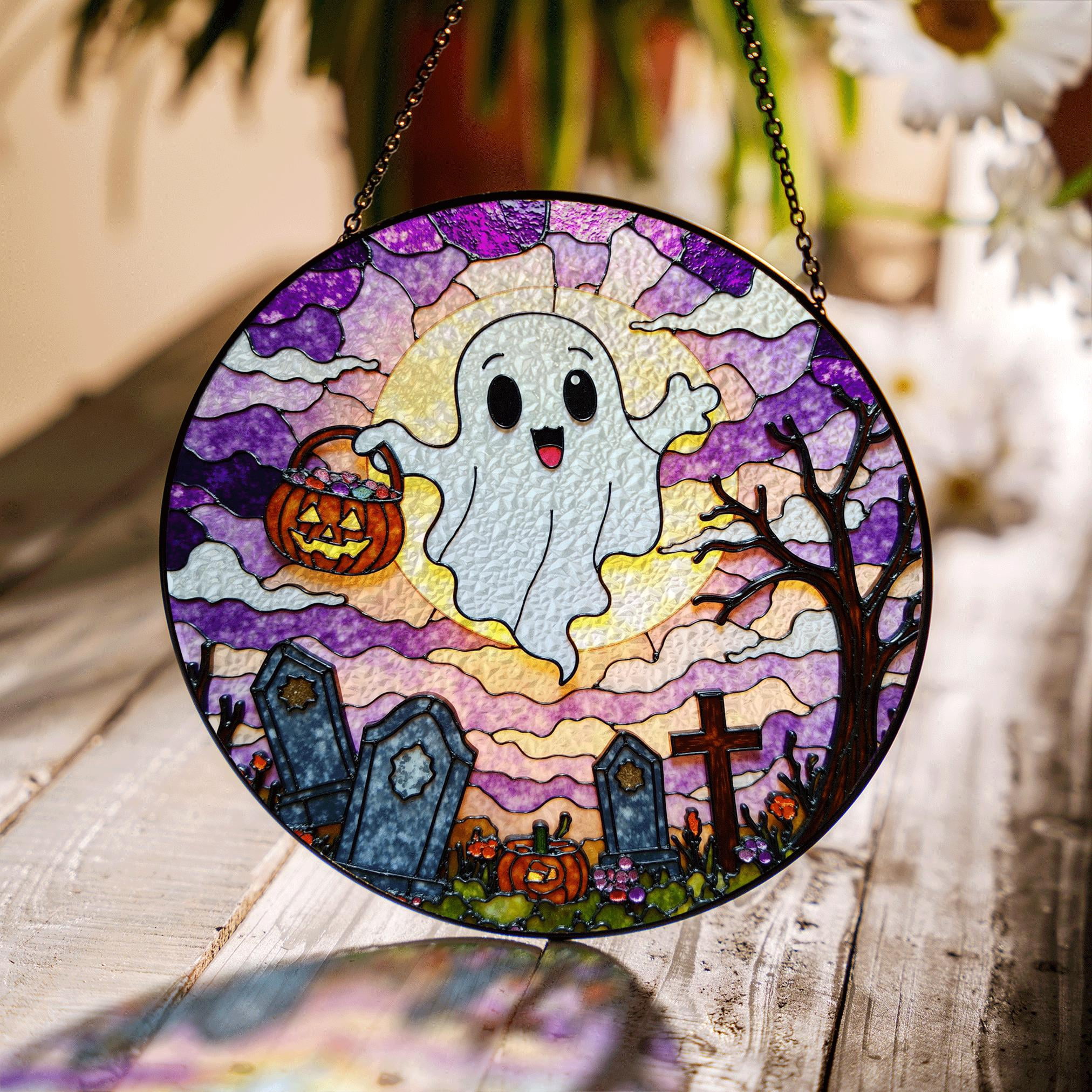 Cute Ghost Graveyard Stained Glass Suncatcher, Fun Halloween Window ...