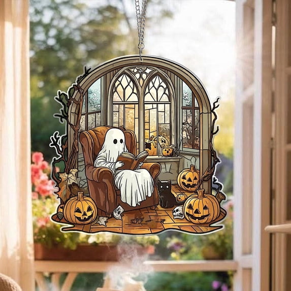 Cute Ghost Greenhouse Suncatcher Ornament, Ghost Reading Book Acrylic ...