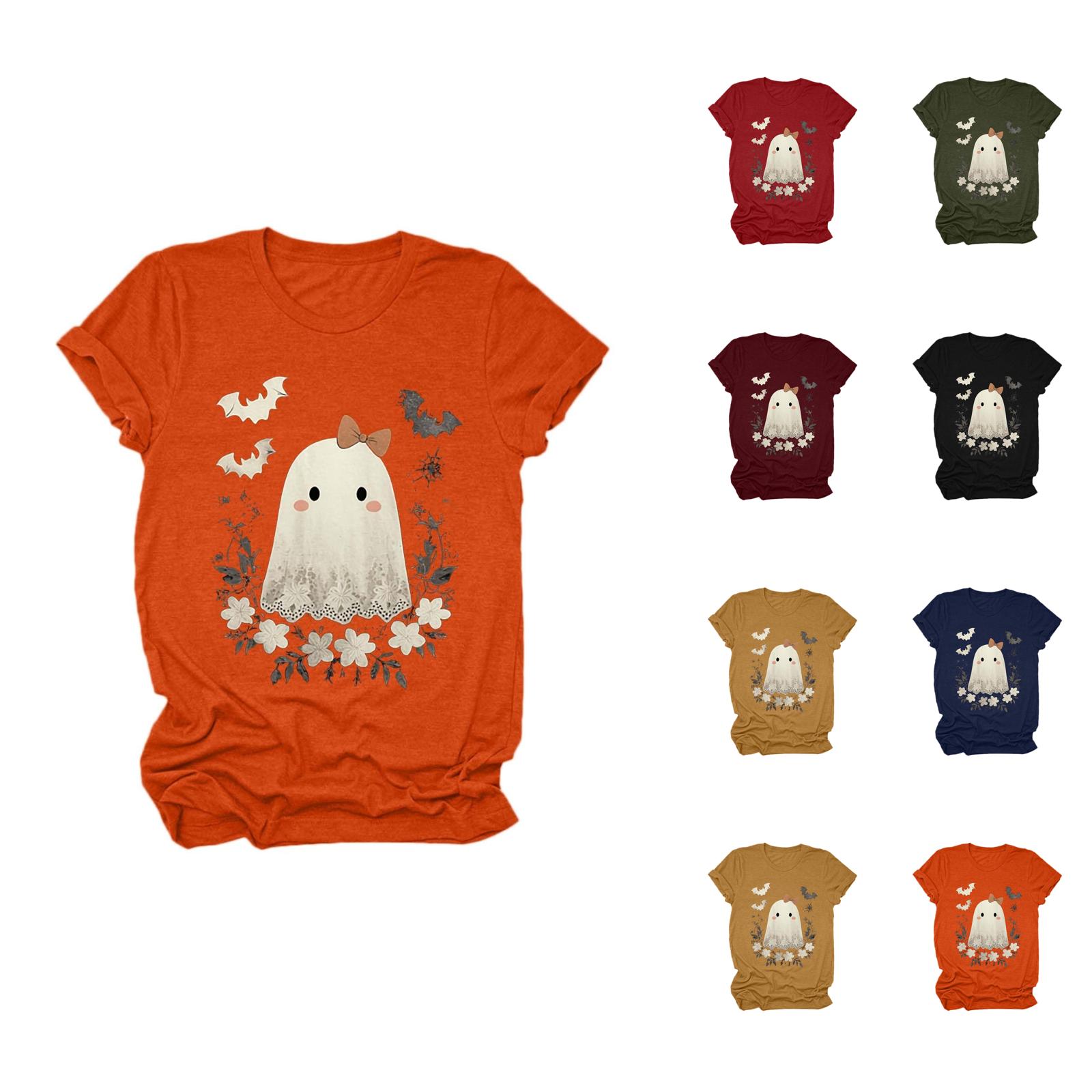 Cute Ghost Halloween Tshirts Women 2025 Short Sleeve Crewneck Graphic ...