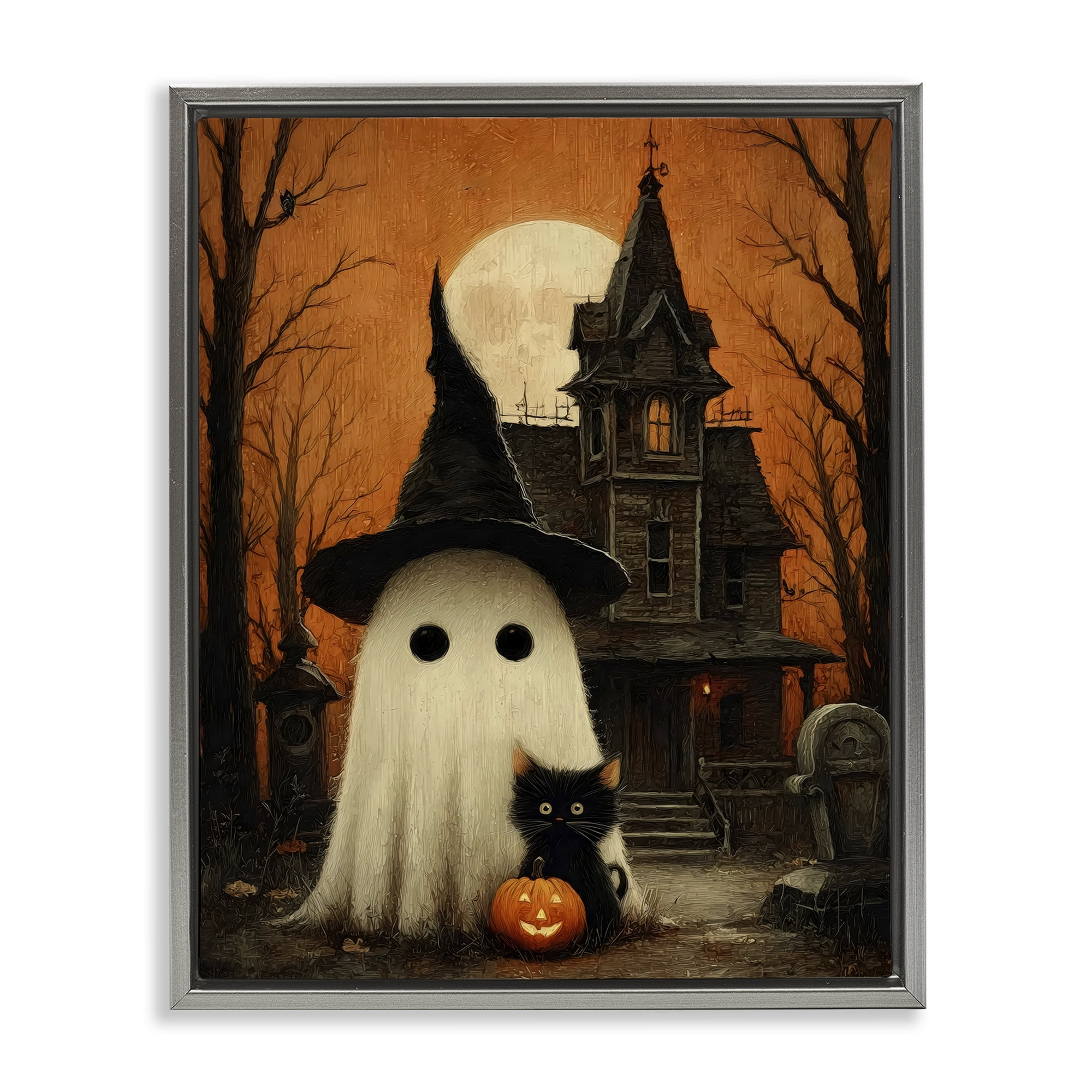 Cute Ghost & Haunted House Gray Framed Floater Canvas Wall Art, design ...