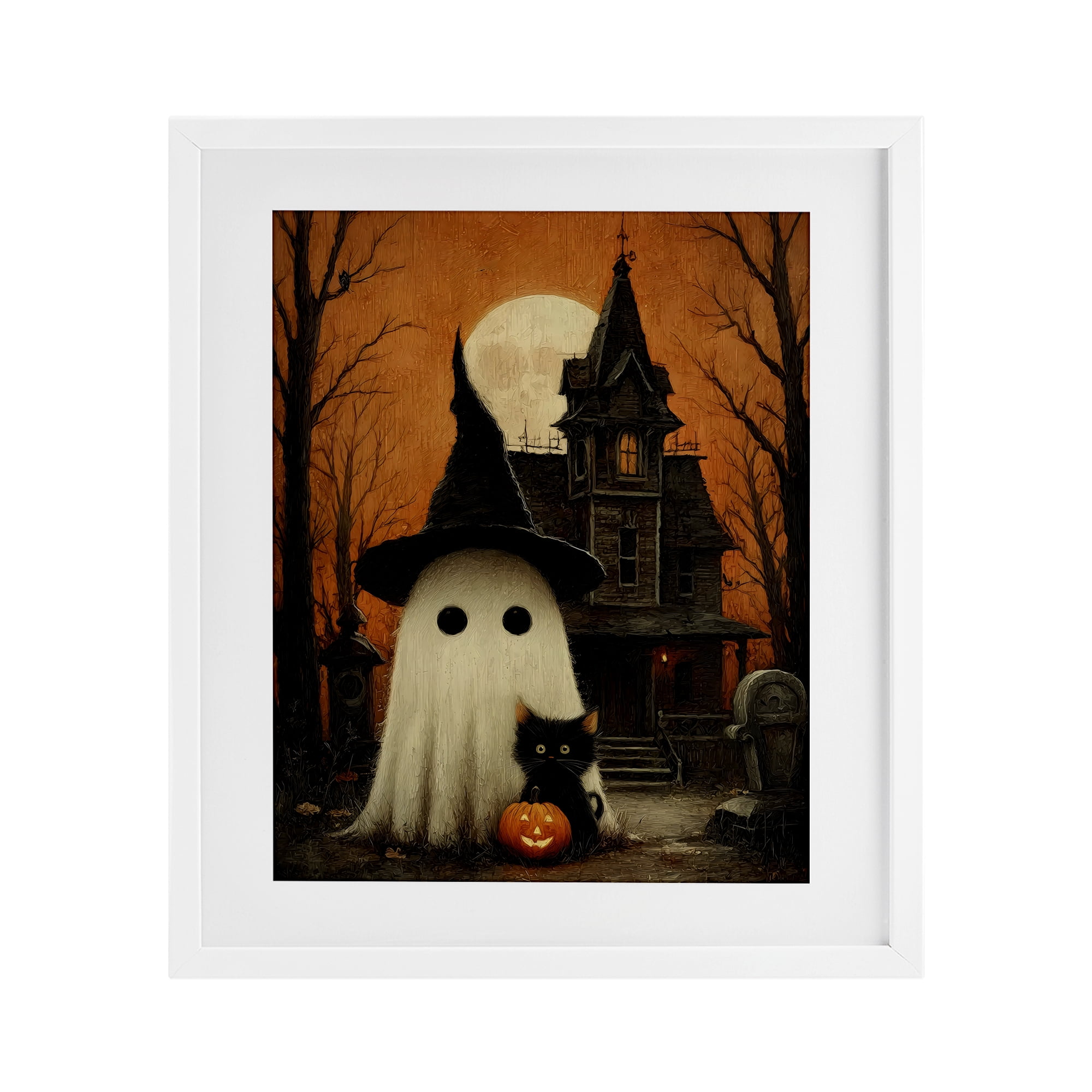 Cute Ghost & Haunted House White Framed Print Under Glass, design by ...