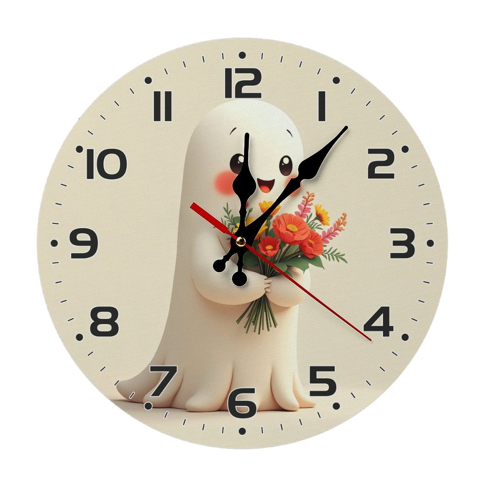 Cute Ghost Holding Flowers Wall Clock 10 Inch Silent Non Ticking Round ...