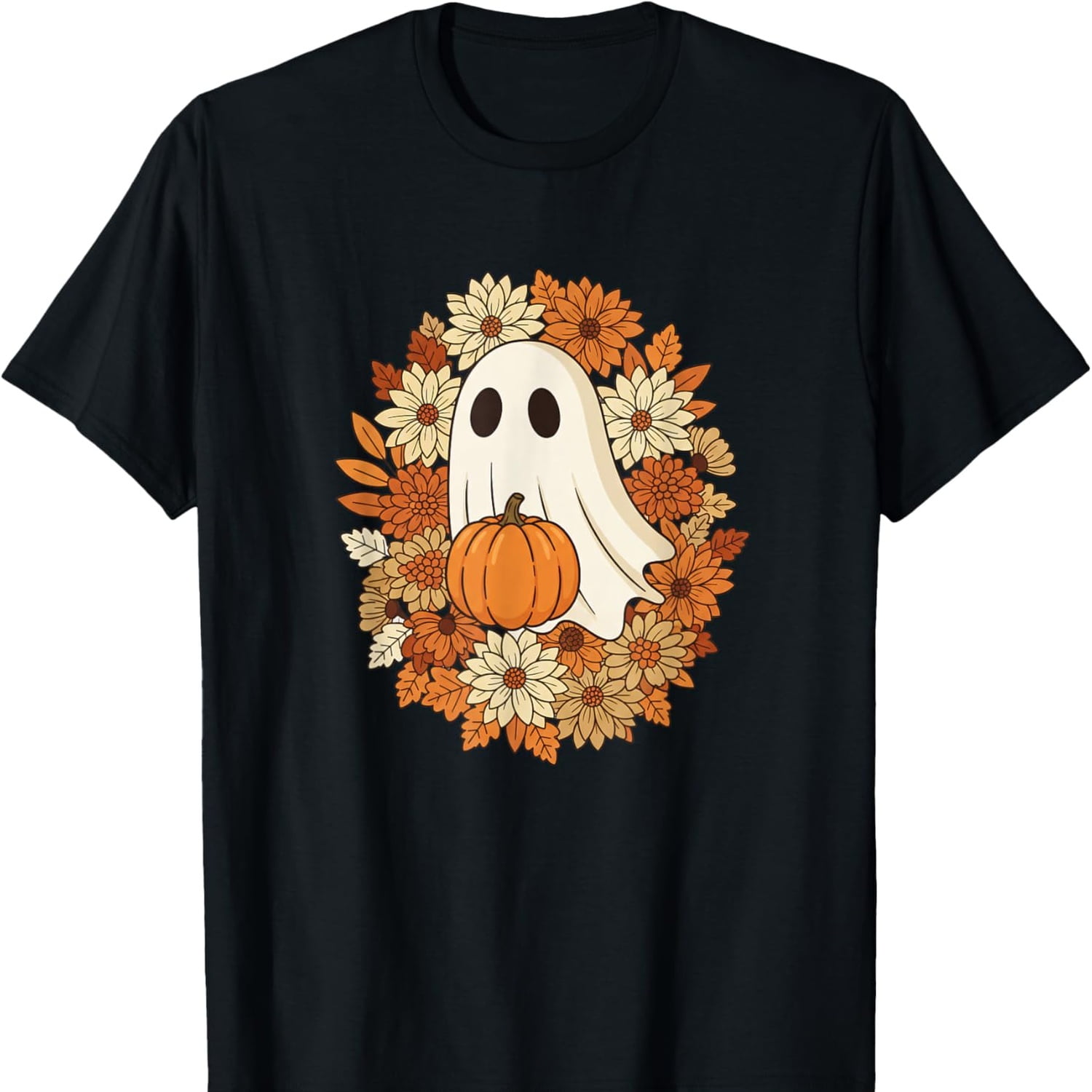 Cute Ghost Holding Pumpkin Surrounded by Fall Flowers, Spel T-S1Hirt ...
