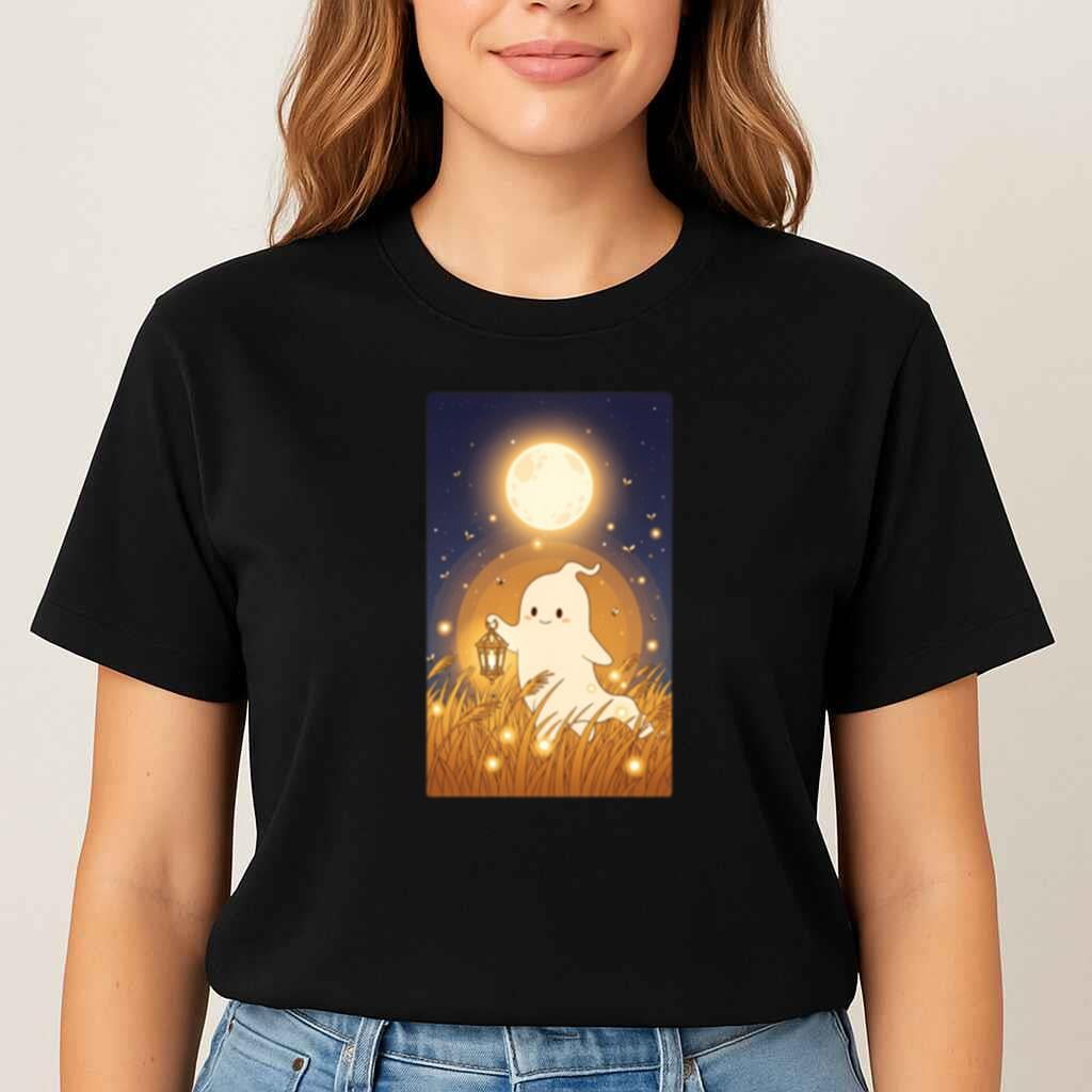Cute Ghost In A Moonlit Field Holding A Lantern Fun Unisex T-Shirt up ...