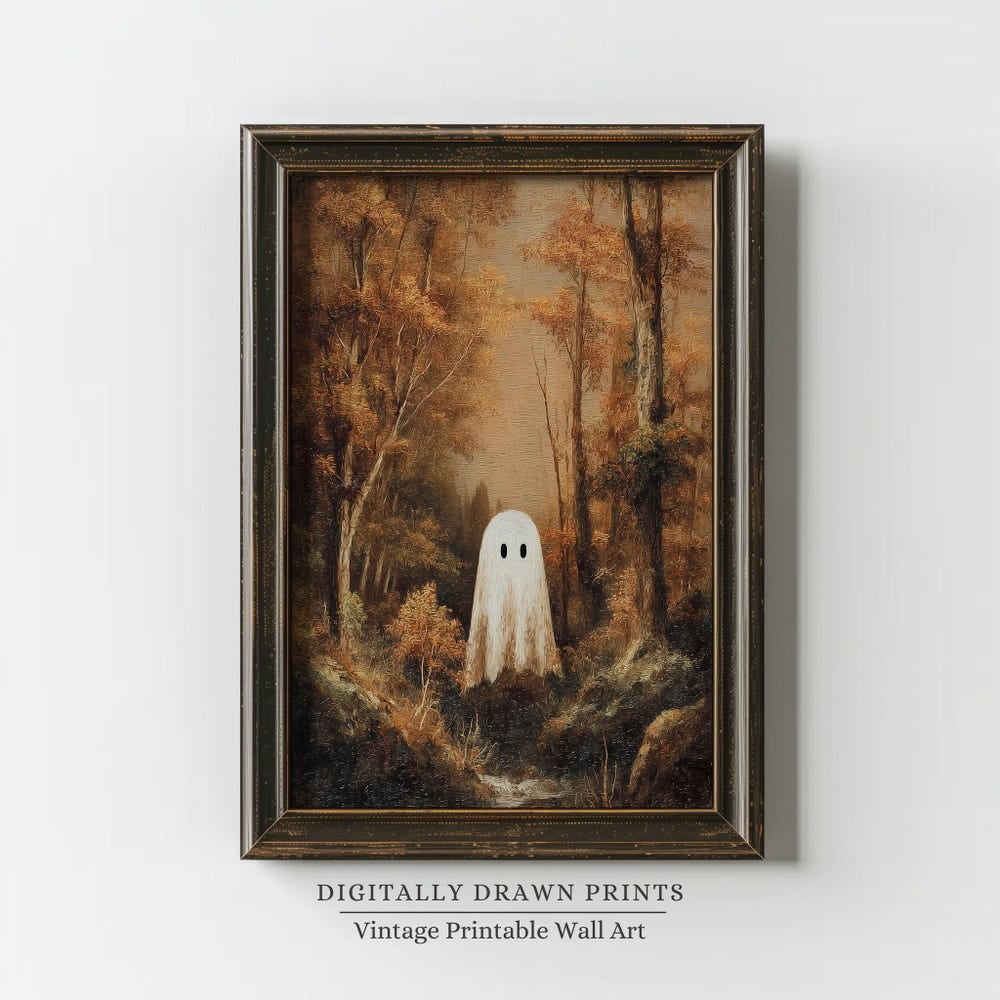 Cute Ghost In Autumn Landscape Wall Art Spooky Hal.Low.Een Vintage ...