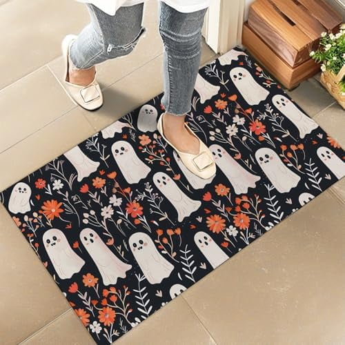 Cute Ghost Indoor Door Mat 17x30 Inch Floor Doormat with Retro Floral ...