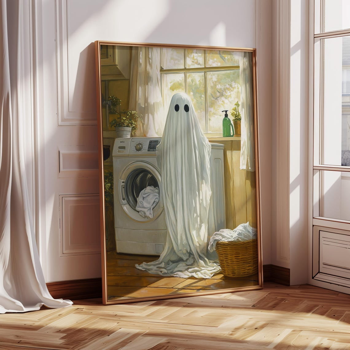 Cute Ghost In Laundry Room Art Print – Whimsical Haunted House Chore ...