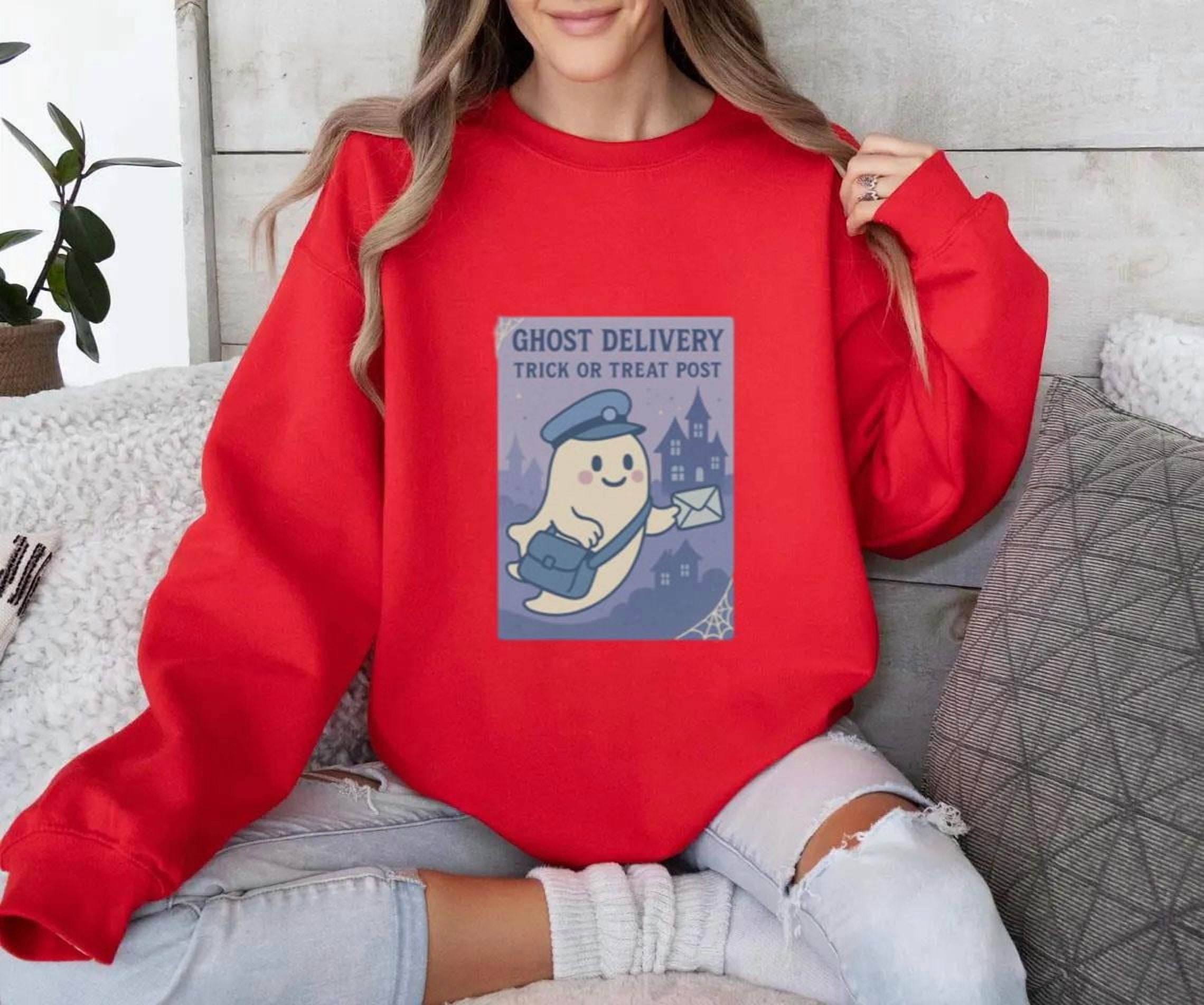 Cute Ghost Mailman Halloween Postage Stamp Funny Ghostly Delivery Sweatshirt, for men & women ...