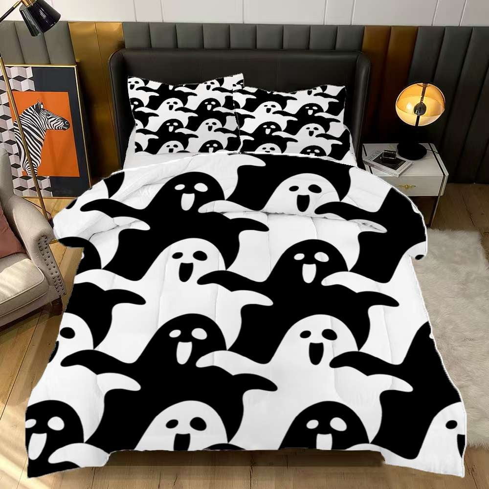 Cute Ghost Pattern Black And White Comforter Set King Size Bedding Set ...
