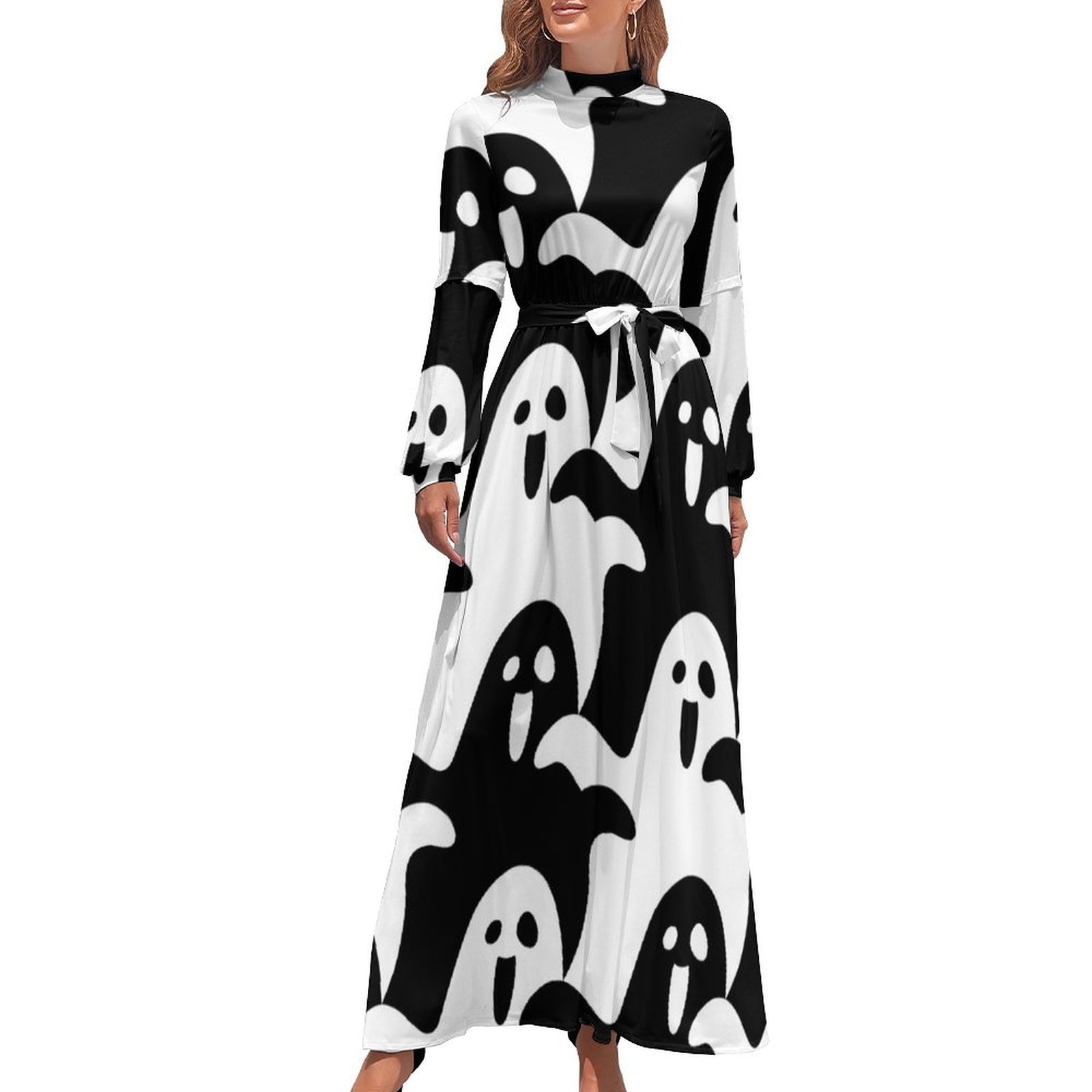 Cute Ghost Pattern Black And White Women's Long Dress Long Sleeves ...