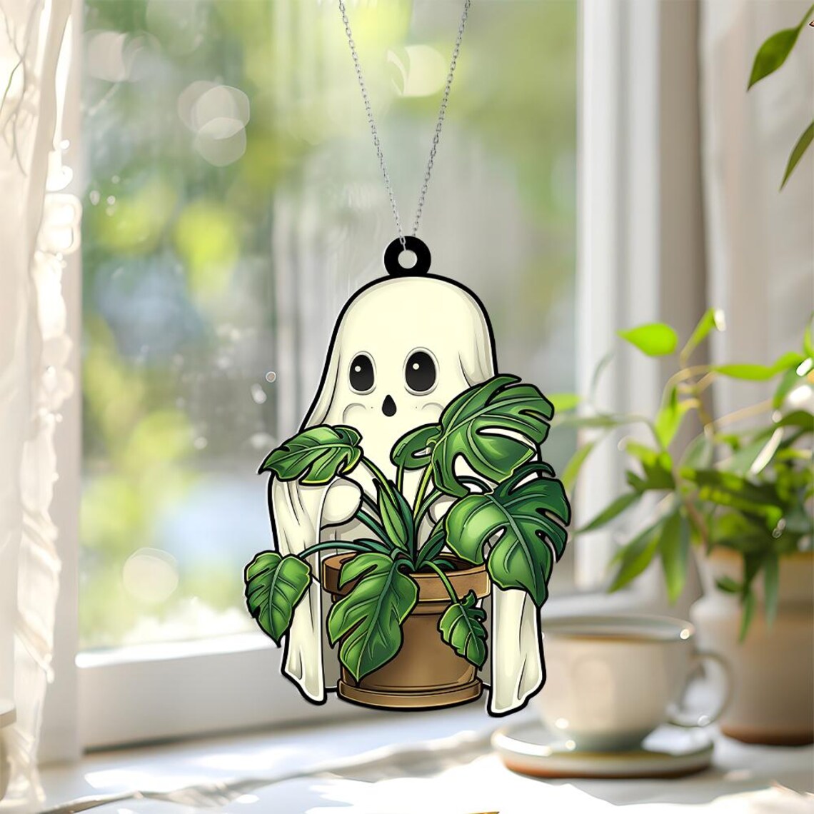 Cute Ghost Plant Suncatcher, Ghost and Monstera Acrylic Ornament ...