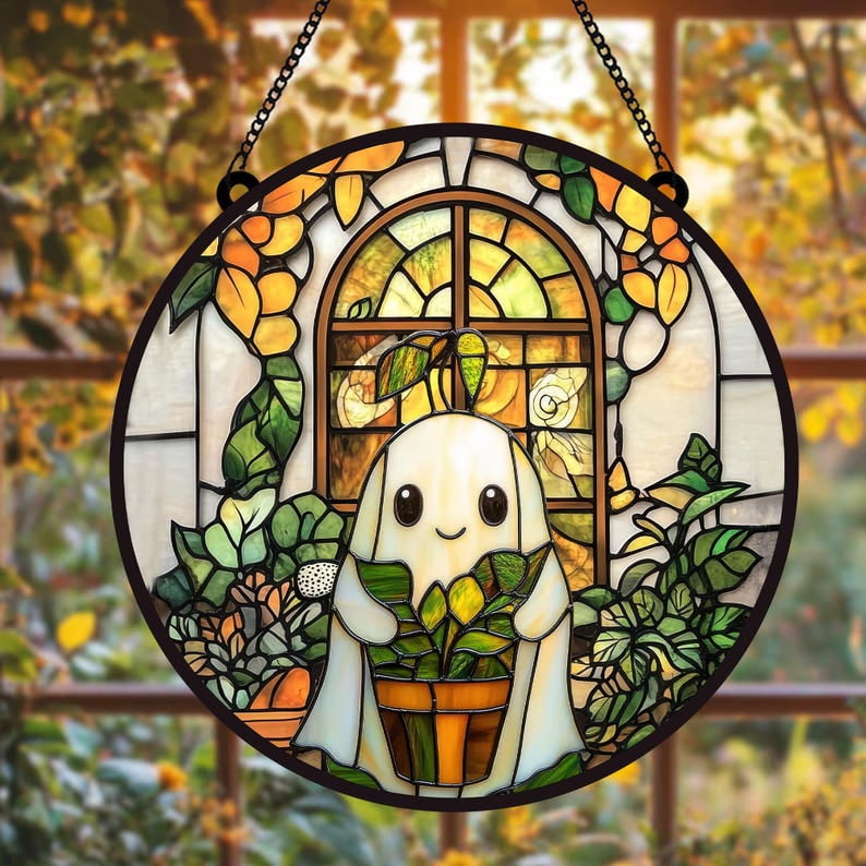 Cute Ghost Plant Suncatcher, Ghost and Monstera Acrylic Suncatcher ...