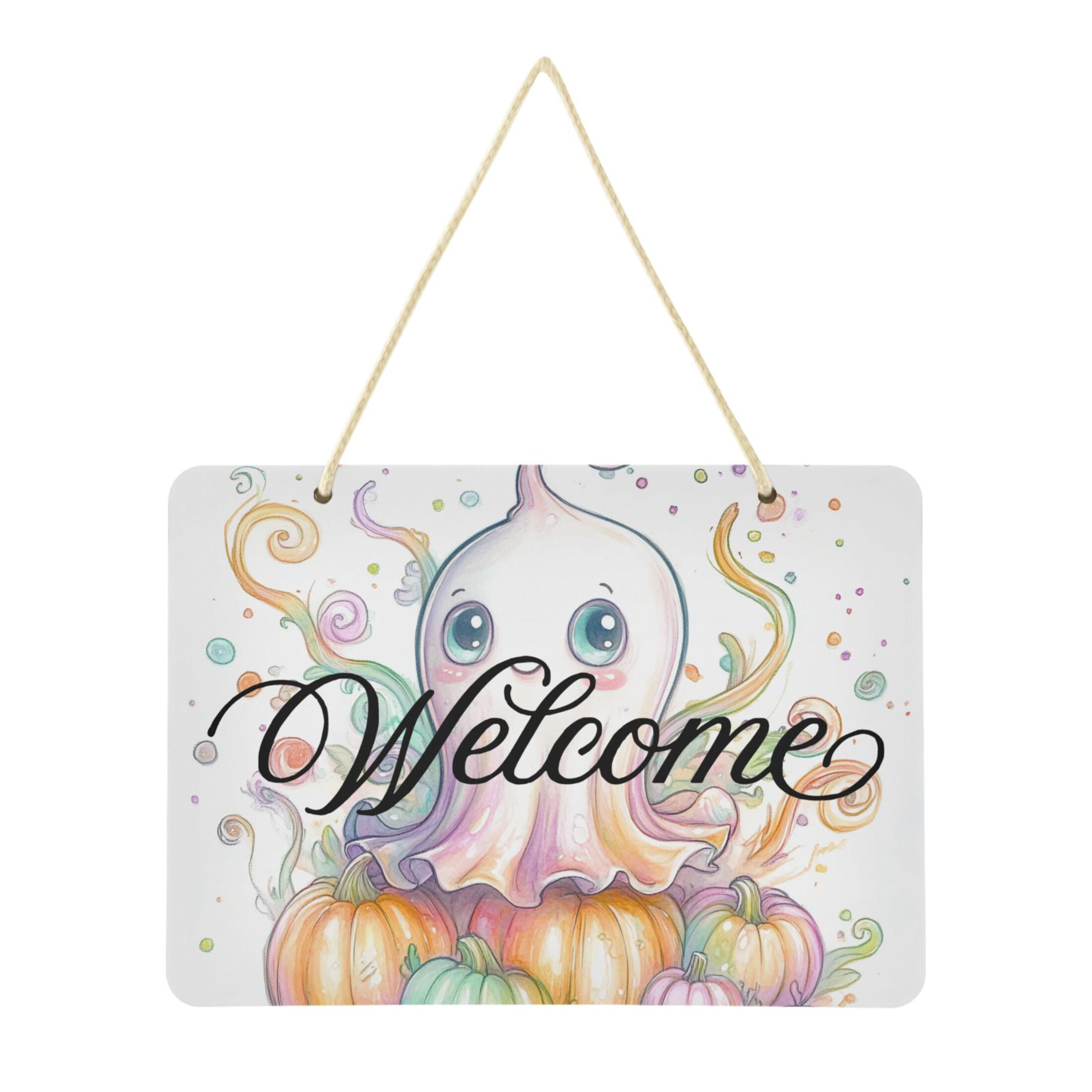 Cute Ghost Pumpkin Welcome Sign Front Door PVC 14x10 inch Hanger Hello ...