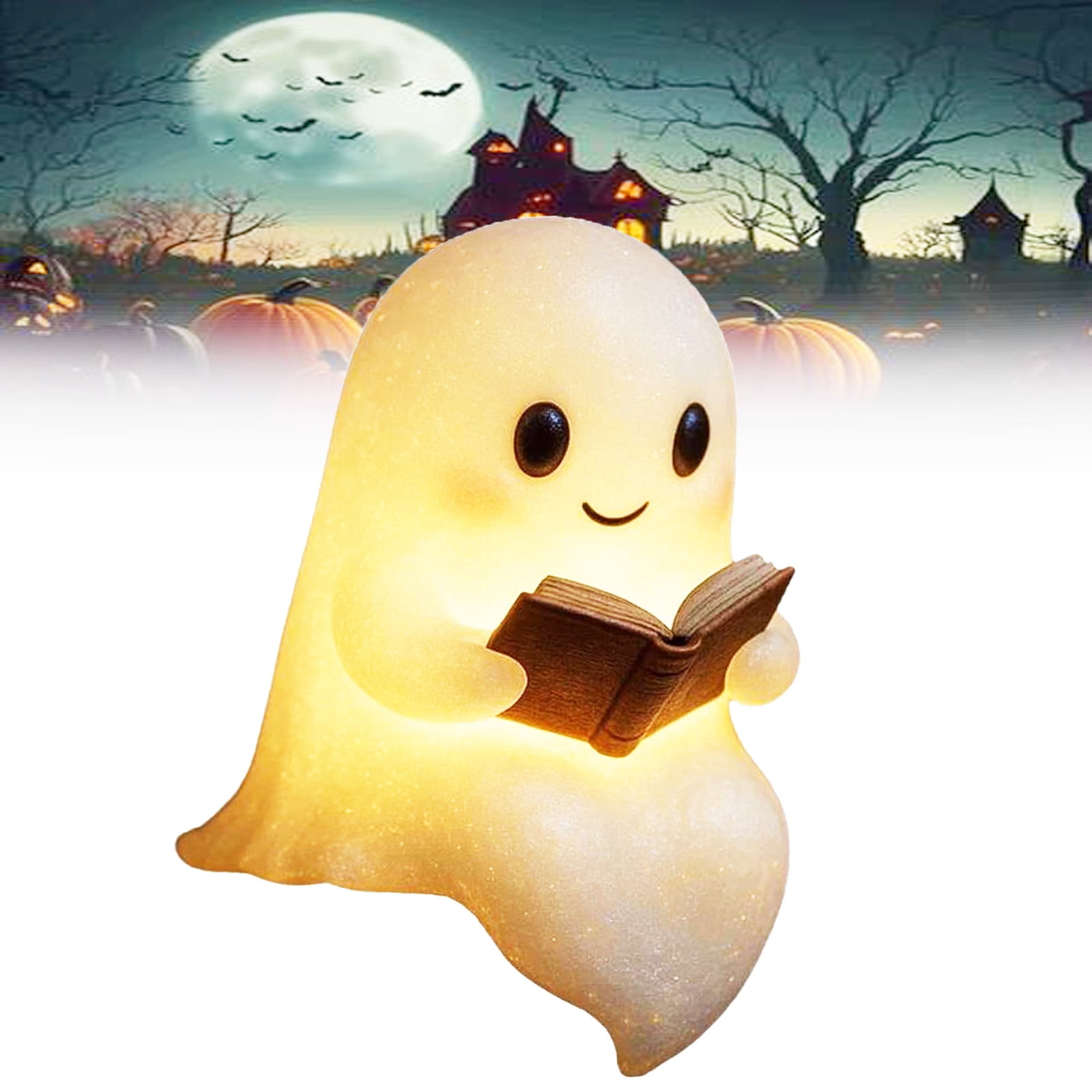 Cute Ghost Reading Book Lamp, 2026 New 3D Resin Halloween Ghost Night ...