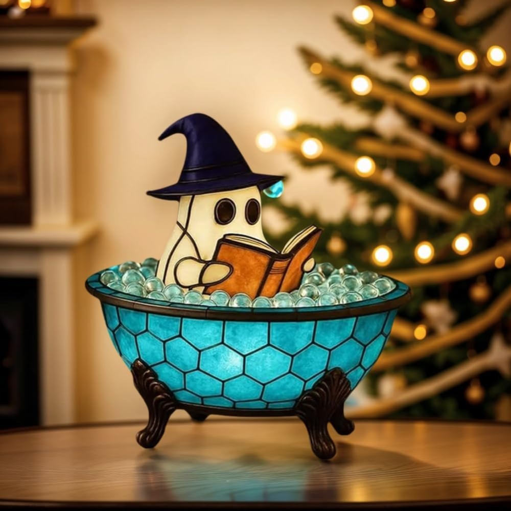 Cute Ghost Reading Book Lamp, 3D Resin Halloween Ghost Night Light ...