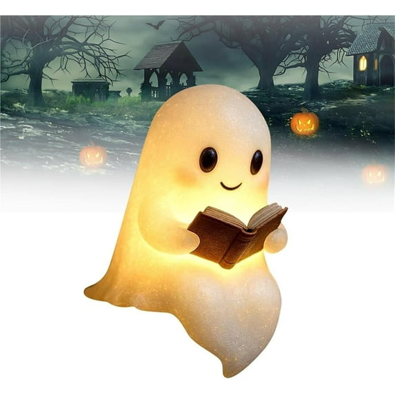 Cute Ghost Reading Book Lamp, 3D Resin Halloween Ghost Night Light ...