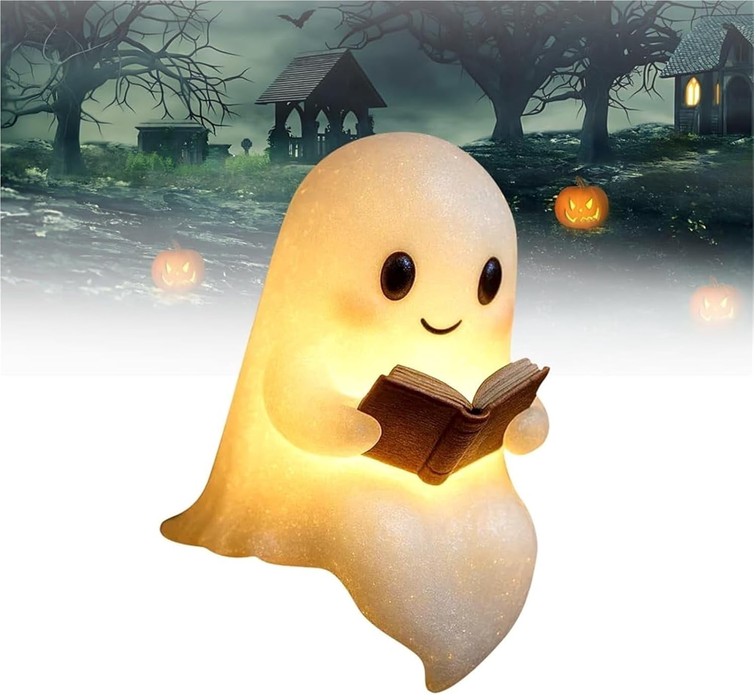 Cute Ghost Reading Book Lamp, 3D ResinHalloween Ghost Night Light ...