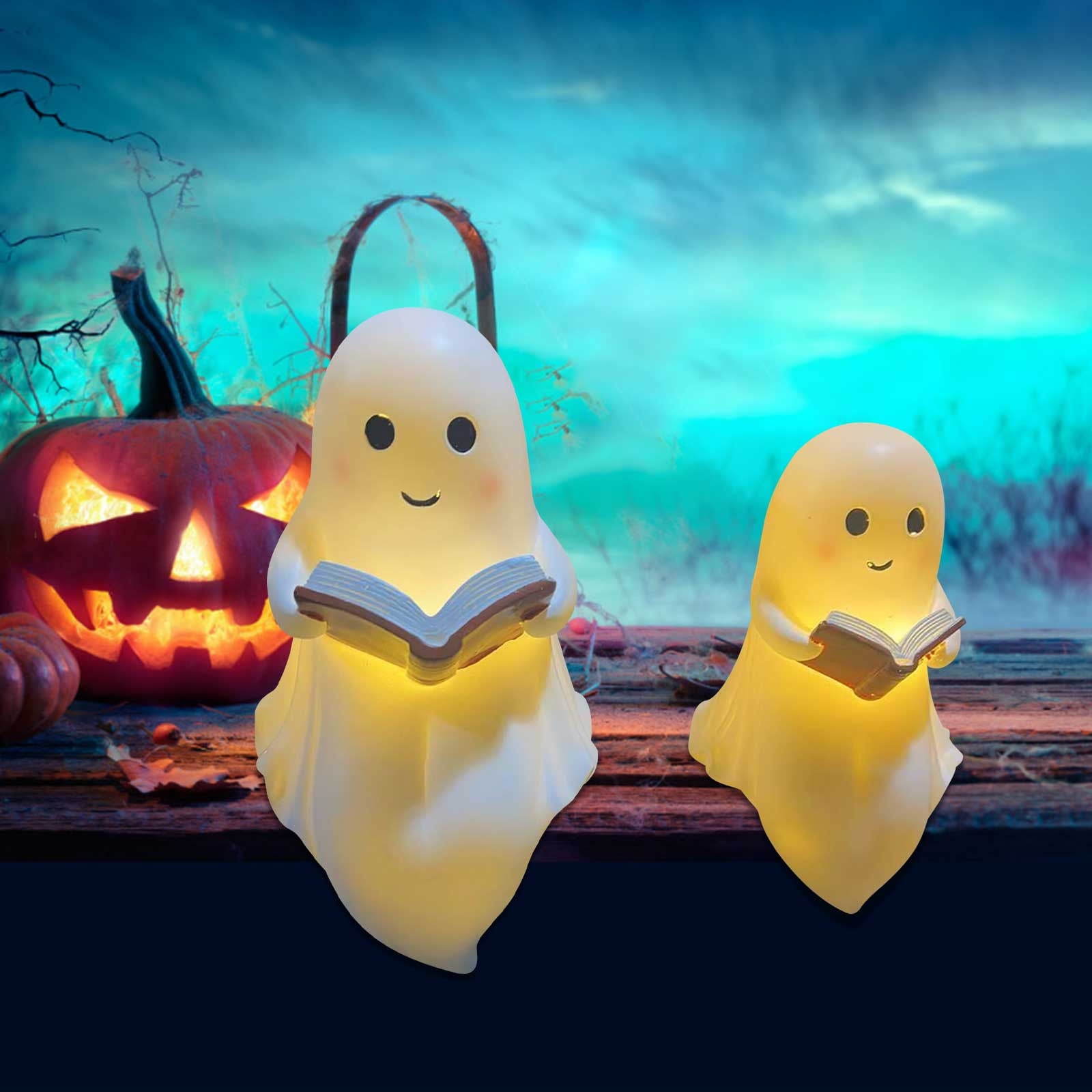 Cute Ghost Reading Book Lamp, 8.6 Inch Light Up Halloween Ghost Night ...