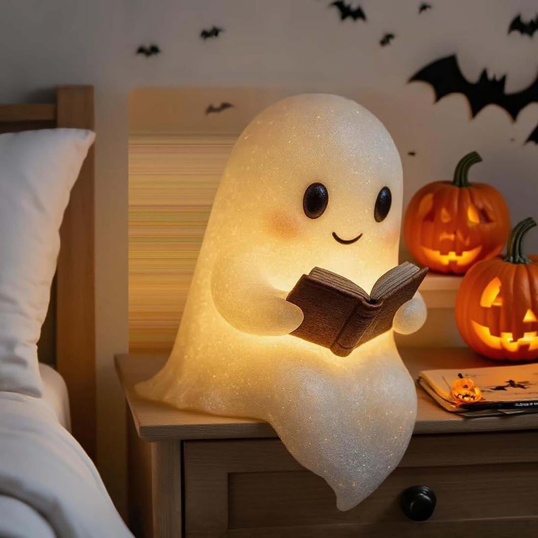 Cute Ghost Reading Book Lamp Halloween Light Up Ghost Statue Night ...