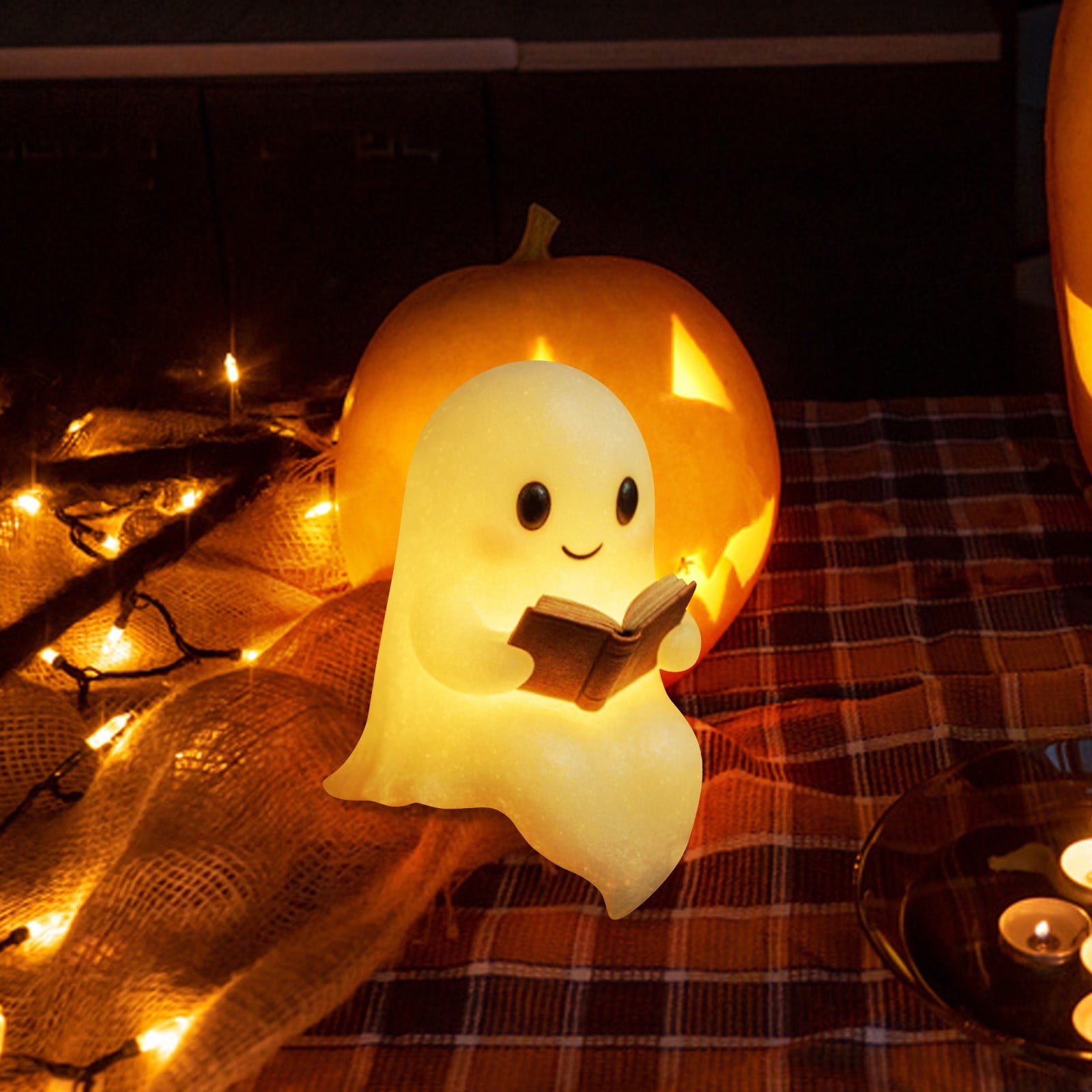Cute Ghost Reading Book Lamp, Halloween Light Up Ghost Statue Night ...