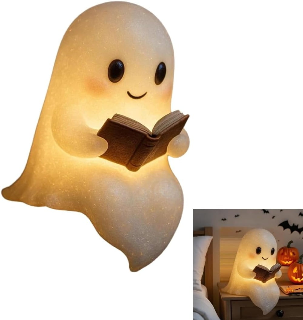 Cute Ghost Reading Book Lamp, New Halloween Light Up Ghost Statue Night ...