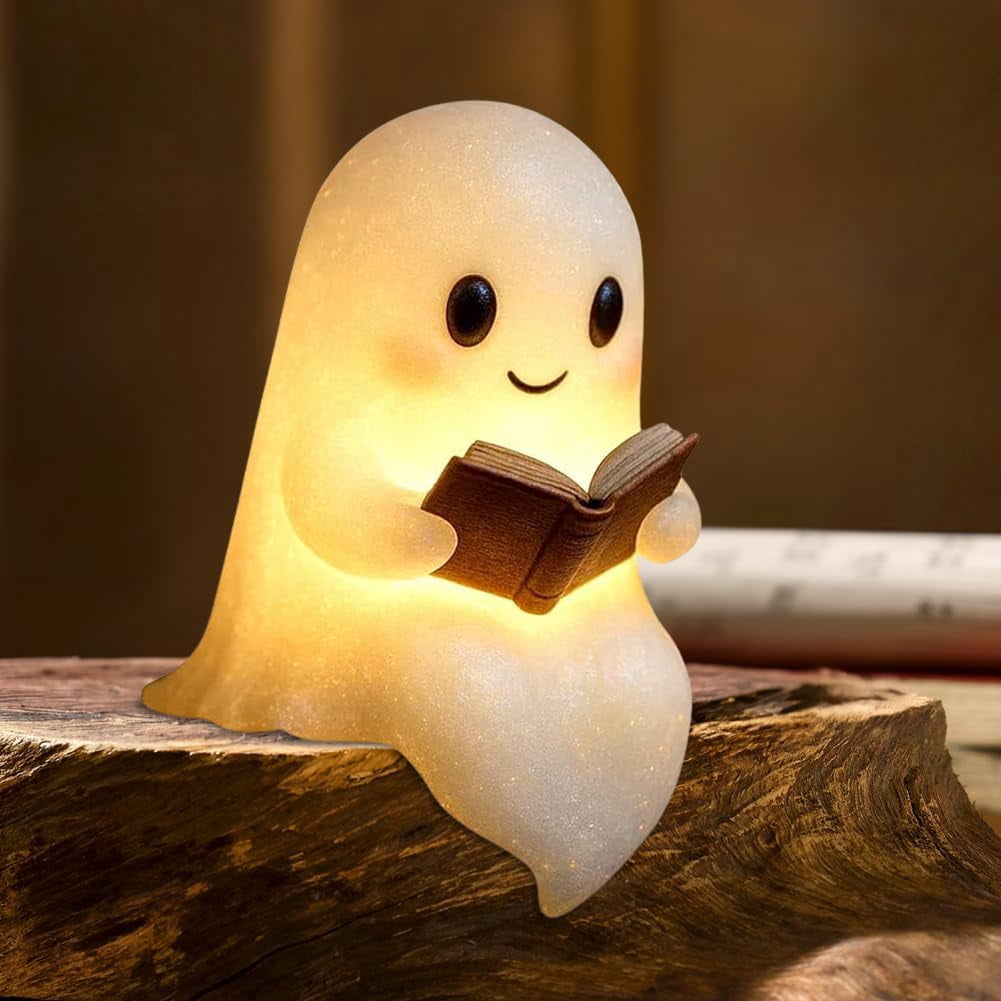 Cute Ghost Reading Book Lamp, New Halloween Light Up Ghost Statue Night ...