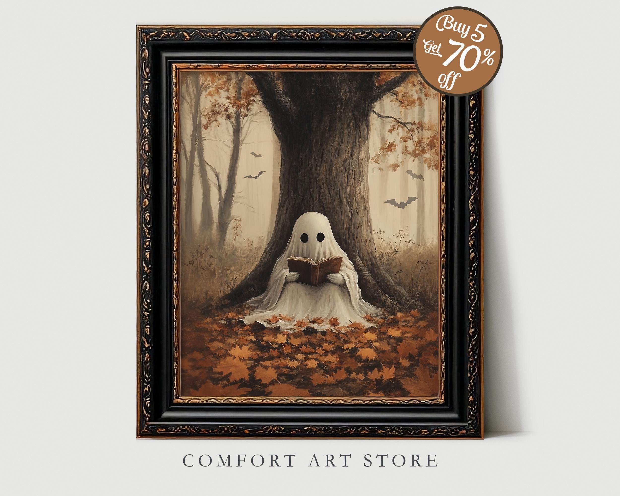 Cute Ghost Reading Book Print Vintage Gothic Wall Art Fall Forest ...