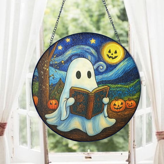 Cute Ghost Reading Book Starry Night Stained Glass Suncatcher Window ...