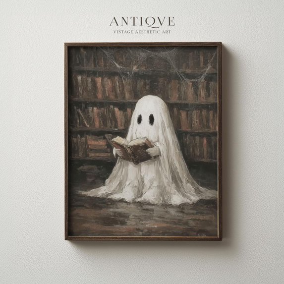 Cute Ghost Reading Book Wall Art, Bookish Poster, Cozy Spooky Decor ...