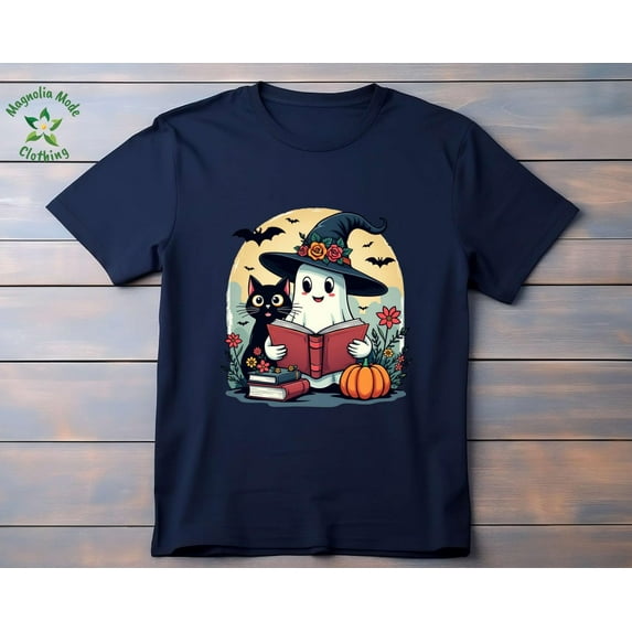 Cute Ghost Reading Book with Black Cat Shirt, Book Lovers Shirt, Cute ...