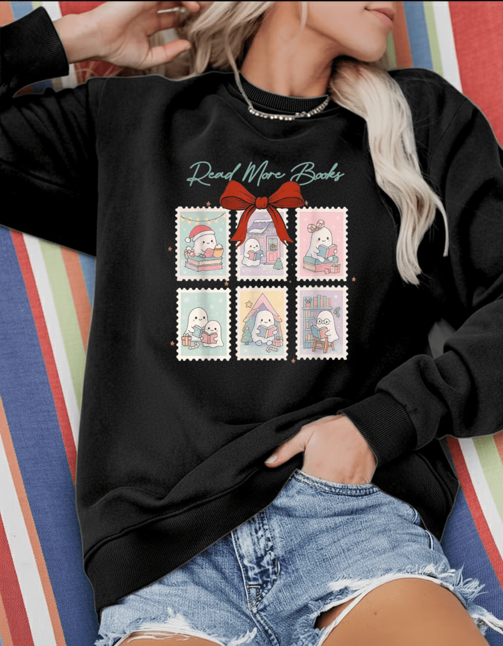 Cute Ghost Reading Christmas Stamps Read More Books Fun Sweatshirt, for Men & Women, up to Size ...
