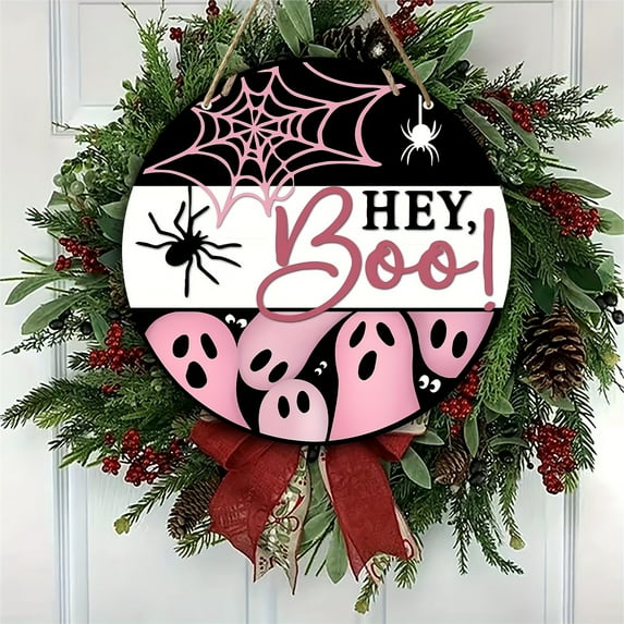 Cute Ghost Round Wooden Hanging Front Door Sign With Rope - Halloween ...