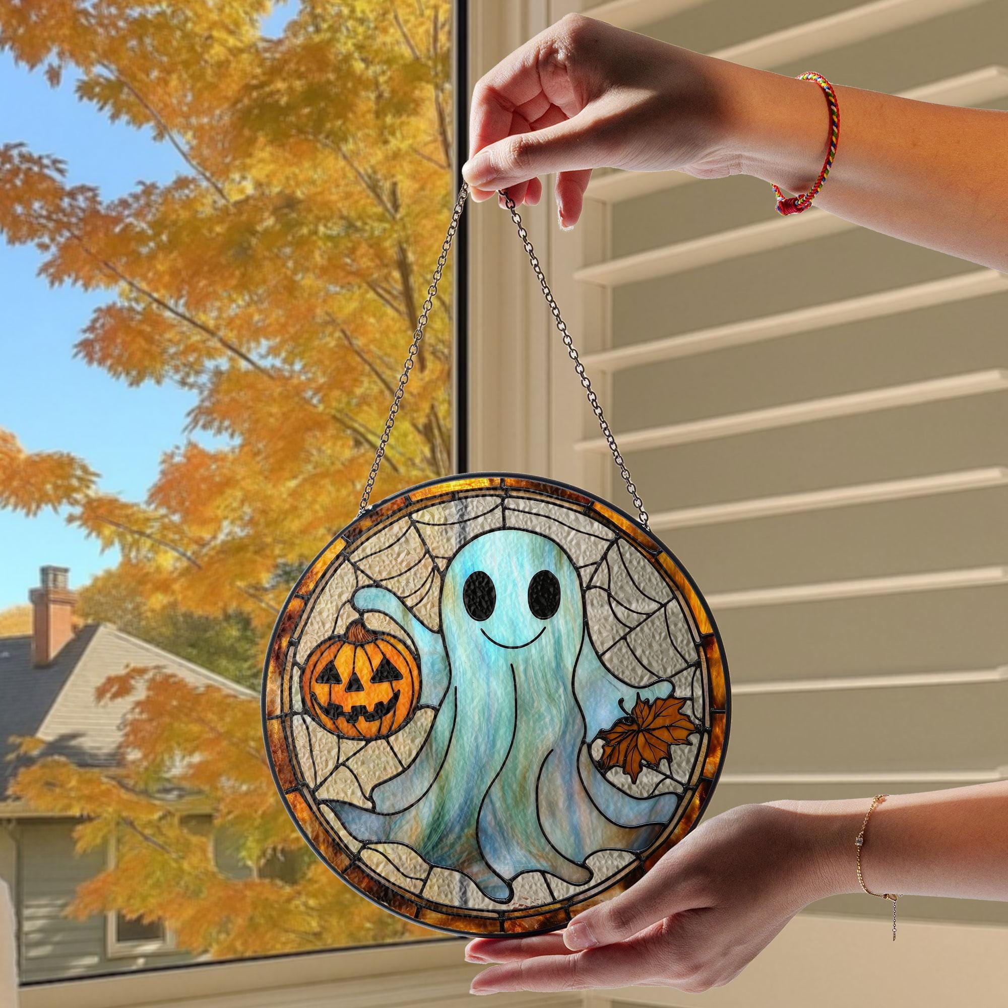 Cute Ghost Stained Glass Suncatcher â€“ Smiling Halloween Suncatcher ...