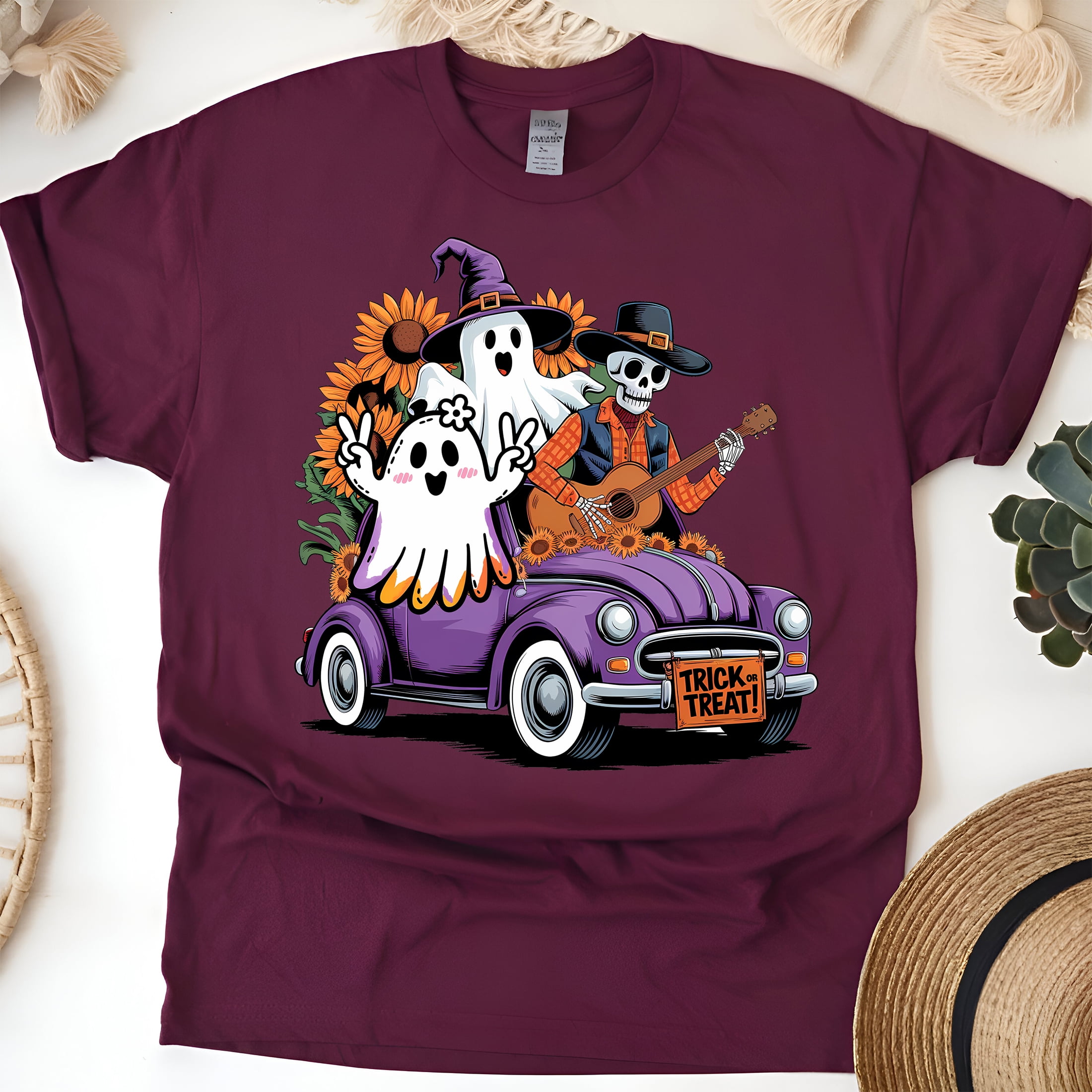 Cute Ghost Trick or Treat Shirt, Halloween Car Ride T-Shirt, Maroon ...