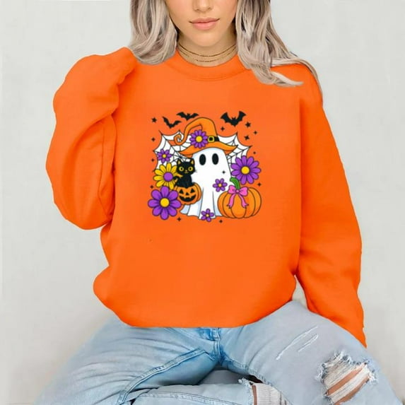 Cute Ghost Witch Hat Cat Pumpkins Halloween Graphic Sweatshirt, up to ...