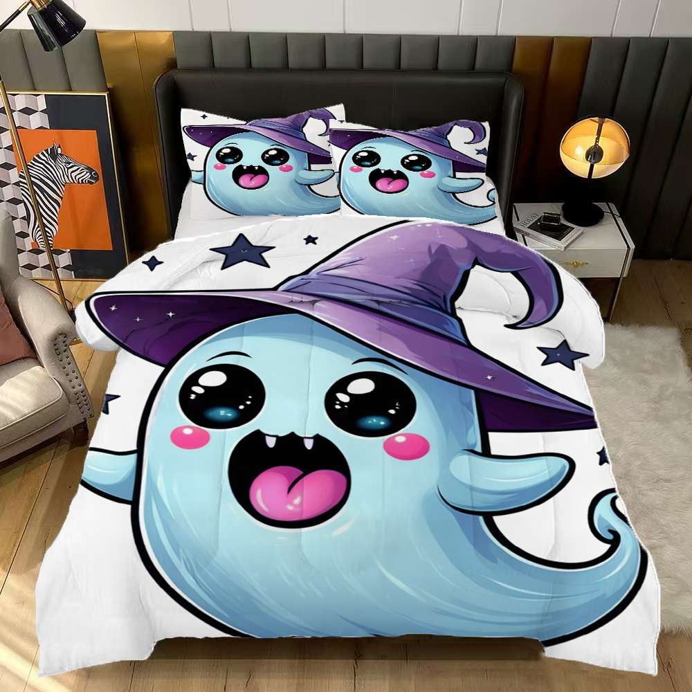 Cute Ghost Witch Hat Comforter Set Queen Size Bedding Set For Travl ...