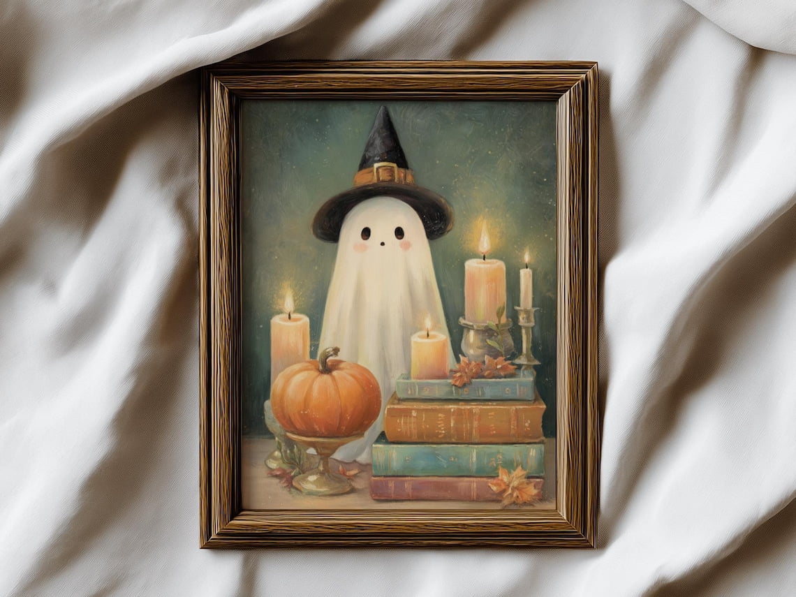 Cute Ghost Witch Hat Fall Wall Art, Unframed Canvas Size 12x18 ...