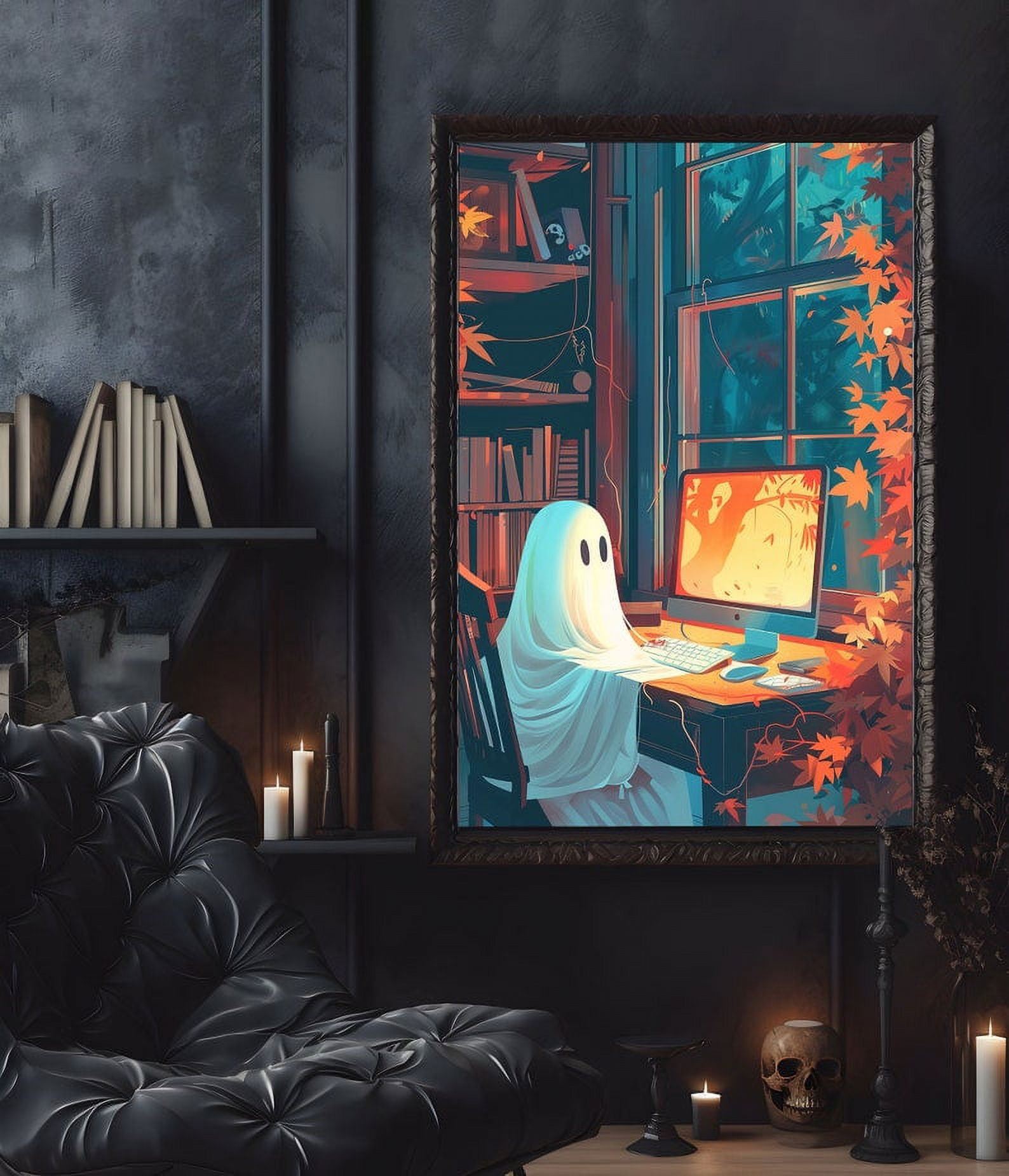 Cute Ghost Working On Computer In Autumn Poster Print, Halloween Poster ...