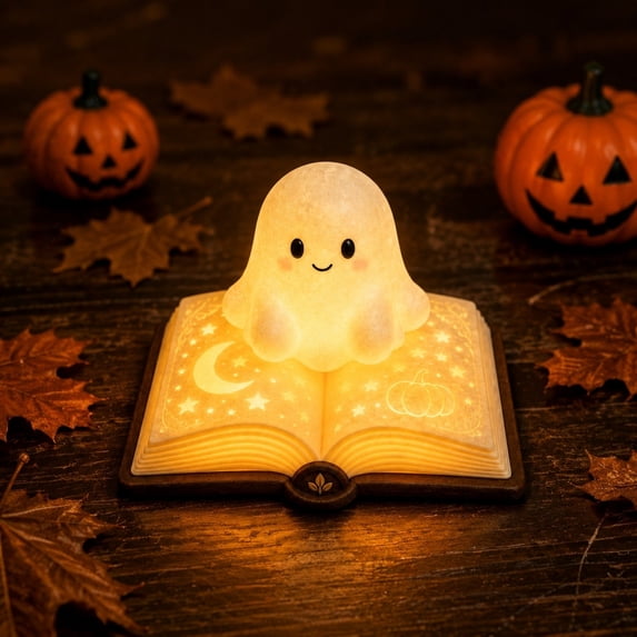 Cute Ghost on Book Night Light, Halloween Themed LED Desk Lamp, Warm ...