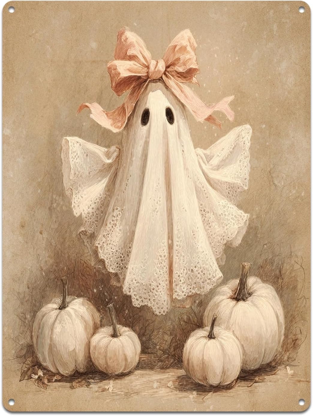 Cute Ghost tin sign, Vintage Halloween Ghost and Pumpkins Metal Sign ...