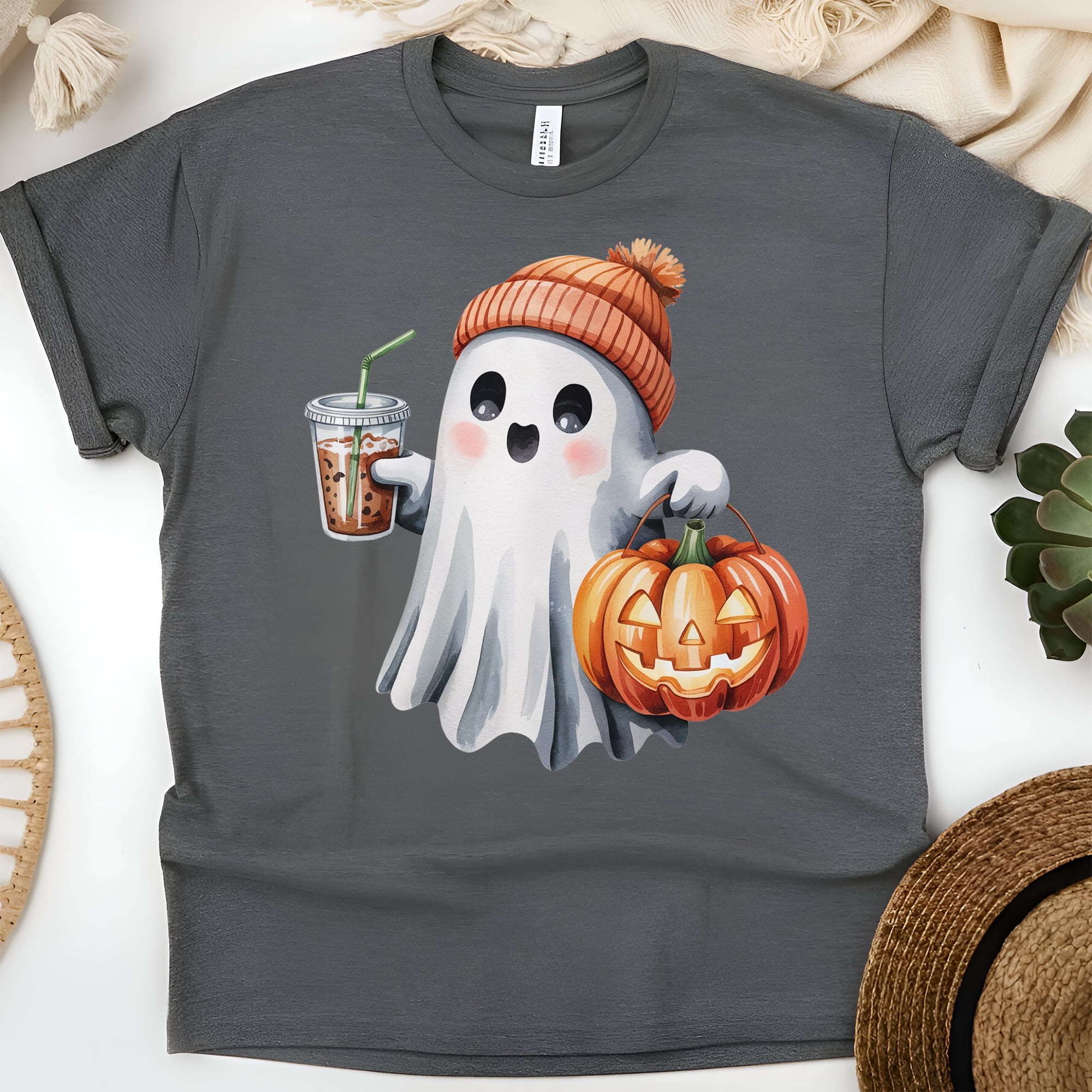 Cute Ghost with Pumpkin T-Shirt | Cozy Fall Coffee Halloween Graphic ...