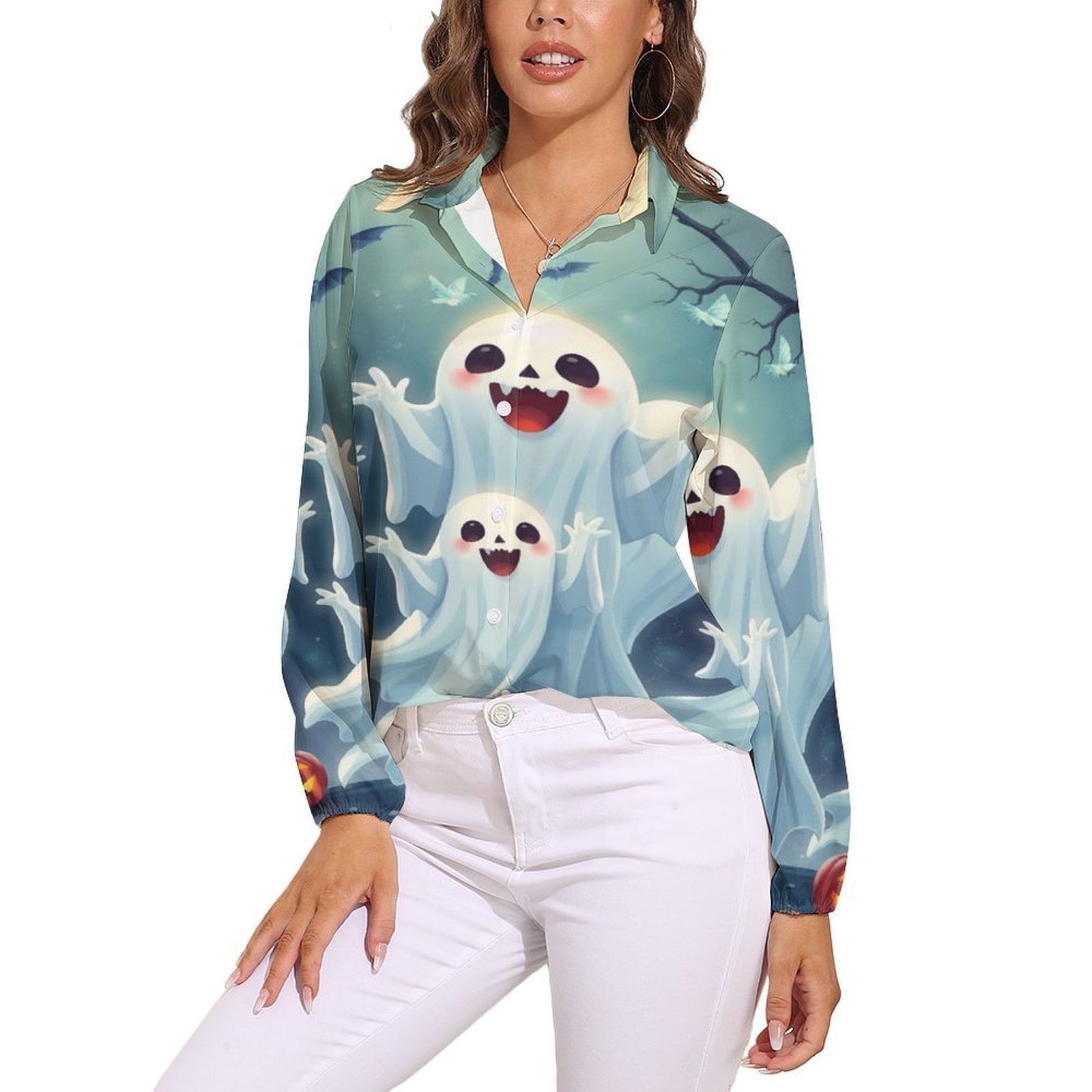 Cute Ghosts Halloween Night Fun Blouse For Women Loose Blouses Long ...